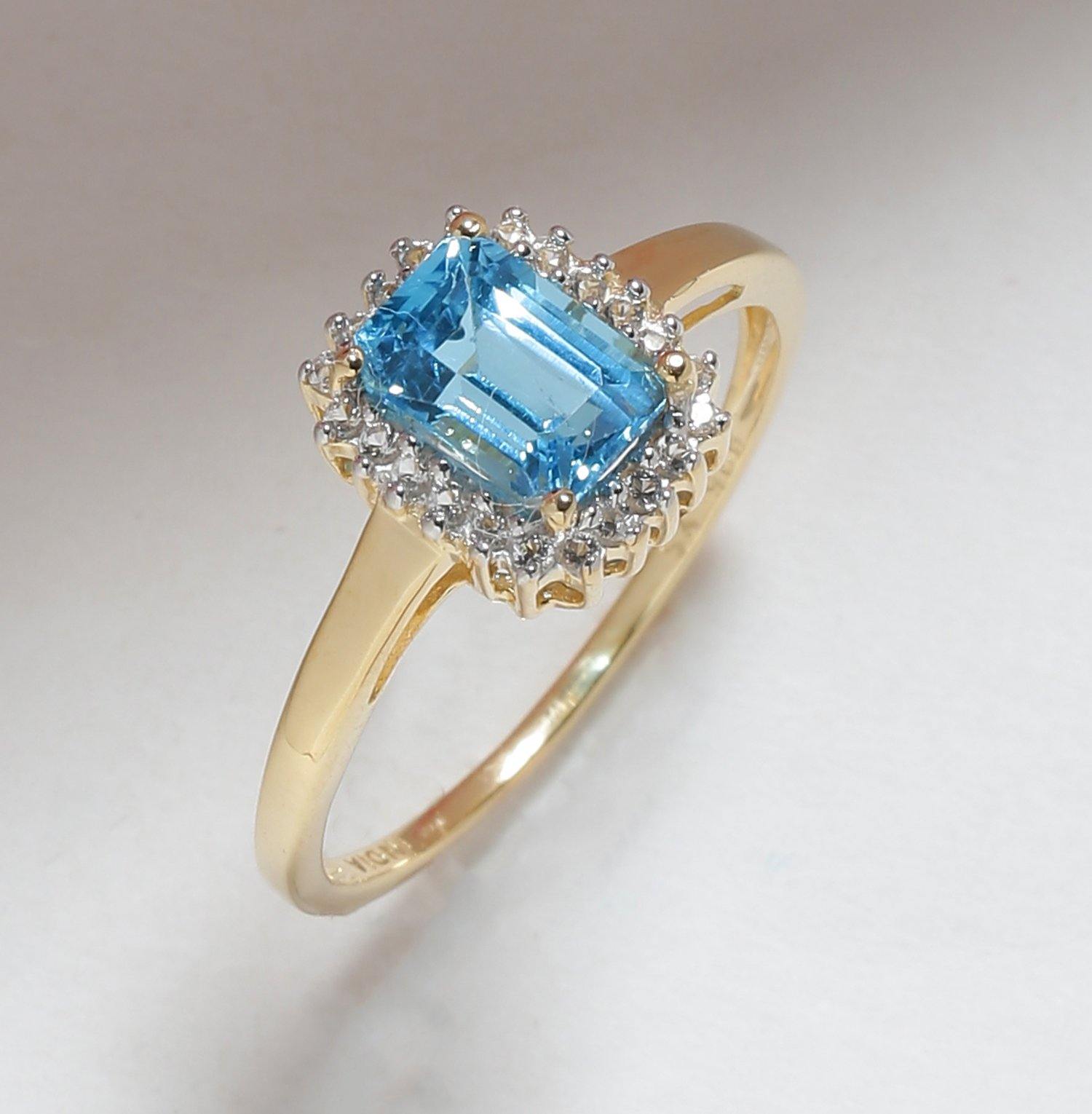 Swiss Blue Topaz White Topaz Solid 10K Yellow Gold Gemstone Ring